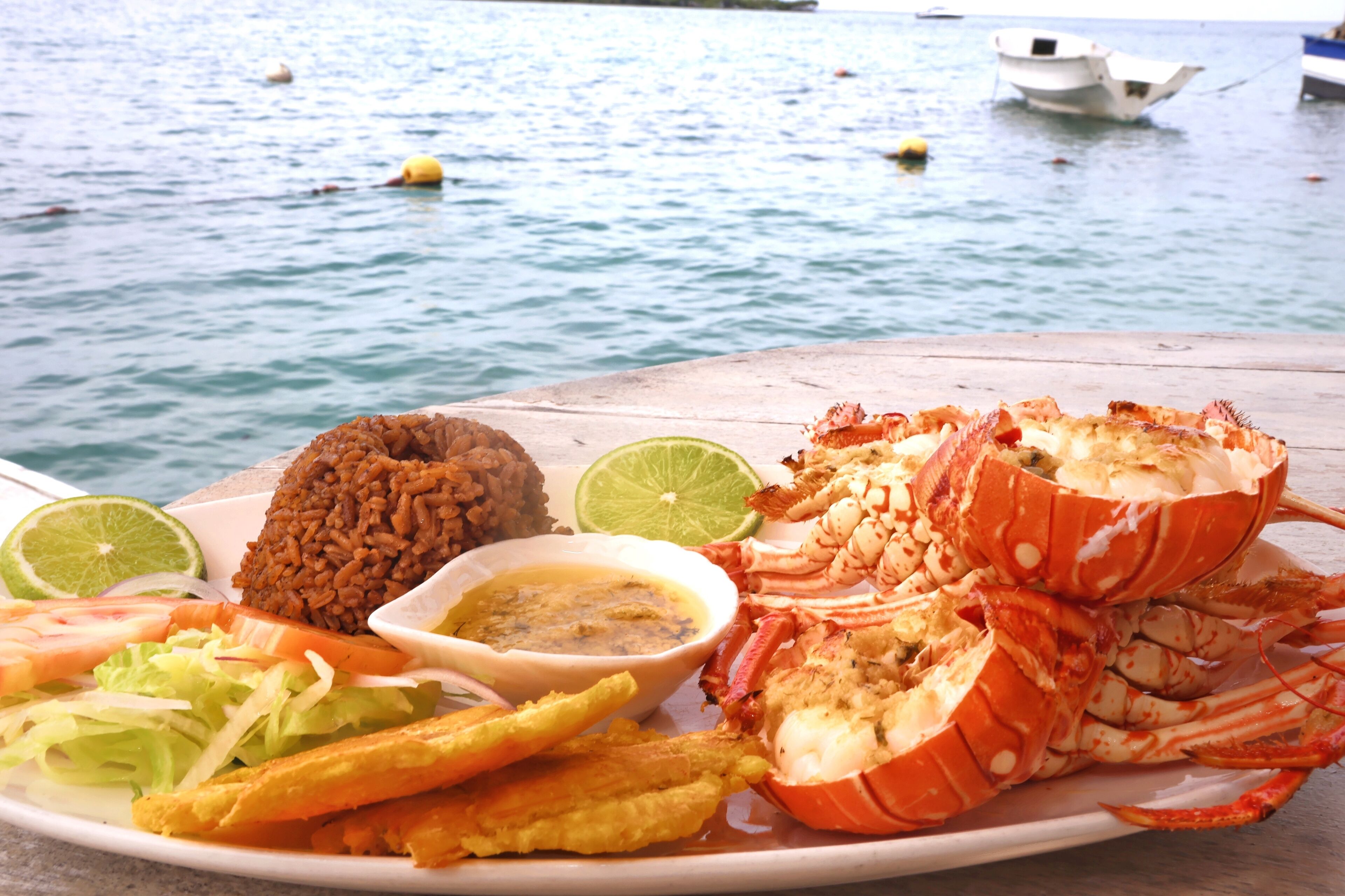 Prato de frutos do mar com arroz, um lagosta e acompanhamentos fritos sobre uma mesa à beira-mar.