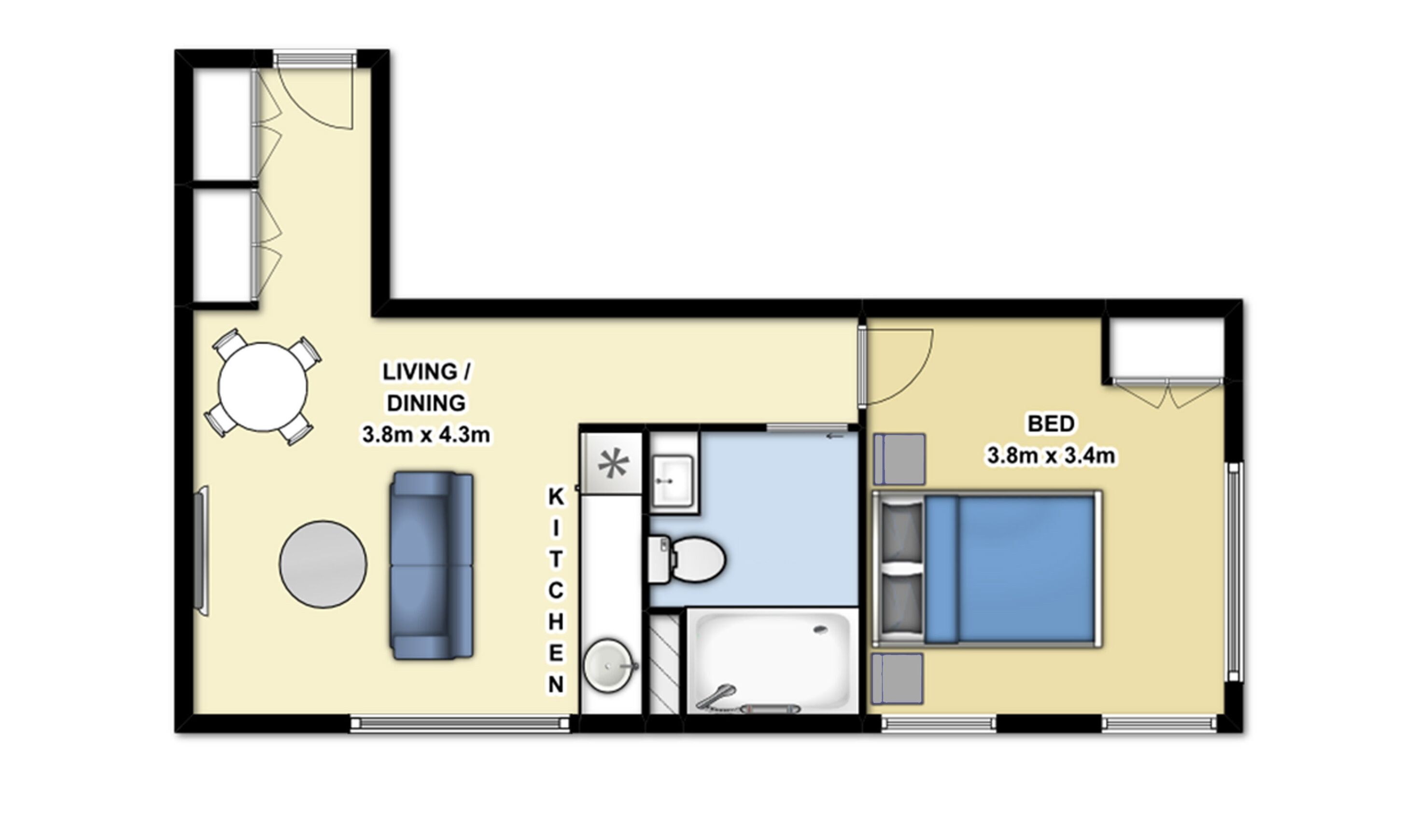Planta baixa de um quarto de hotel com área de estar/jantar medindo 3,8m x 4,3m, cozinha, banheiro e cama medindo 3,8m x 3,4m.