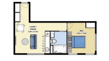 Planta baixa de um quarto de hotel com área de estar/jantar medindo 3,8m x 4,3m, cozinha, banheiro e cama medindo 3,8m x 3,4m.