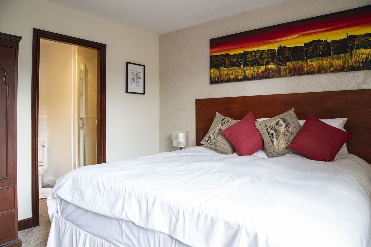 Quarto de hotel com uma cama grande, um quadro na parede e cabeceira de madeira.