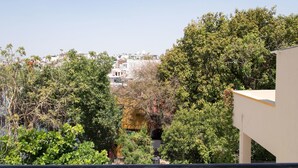 Zona residencial com mistura de edifícios modernos e tradicionais, vegetação exuberante e céu limpo.