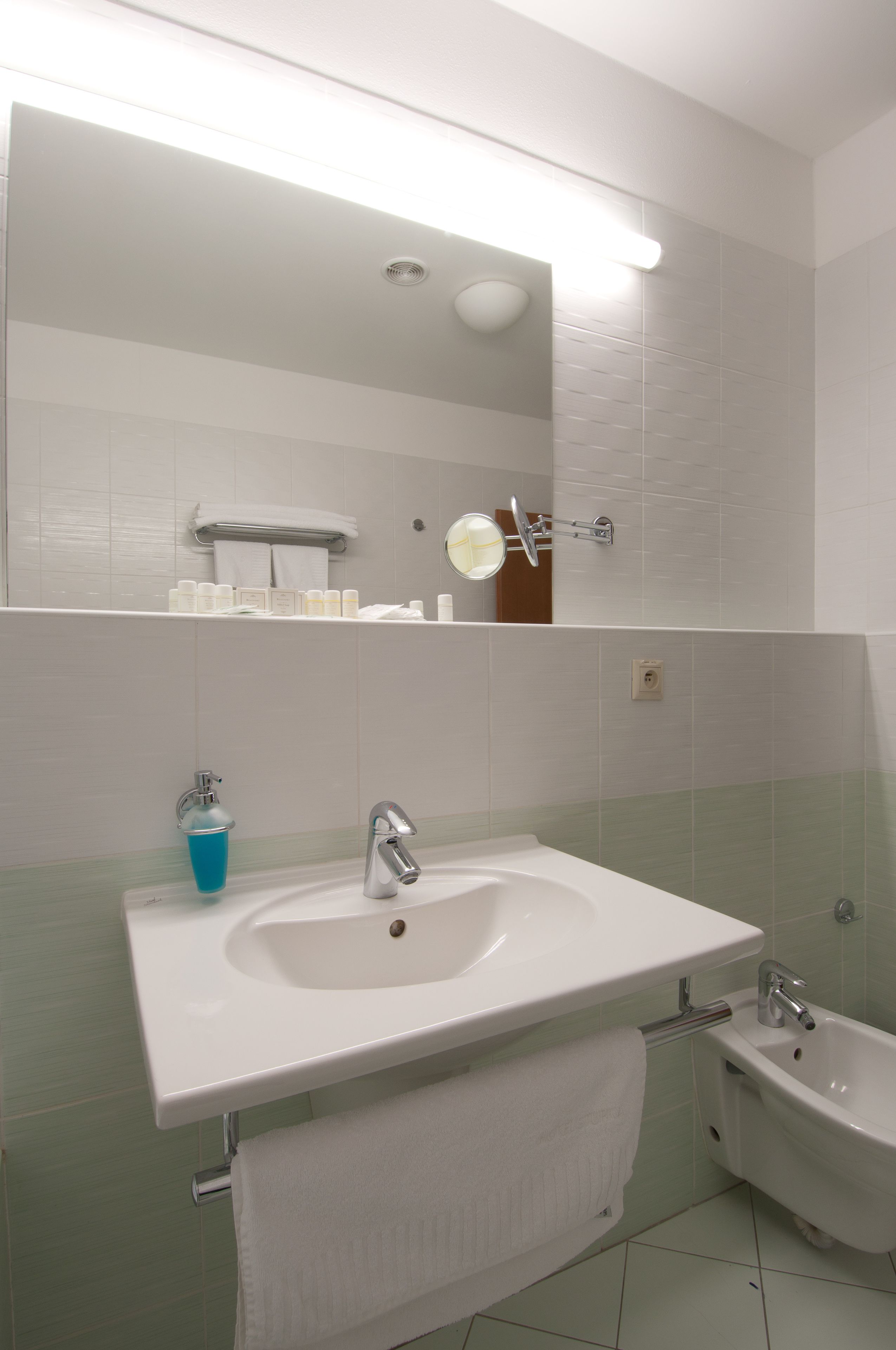 Casa de banho com lavatório branco, espelho, suporte para toalhas e bidé.