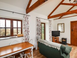 Um quarto aconchegante com uma mesa de jantar de madeira, um sofá verde, uma televisão e uma lareira.