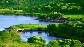 Um campo de golfe com um lago, vegetação exuberante e uma ponte.