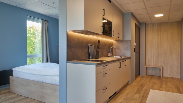 Quarto moderno com cama de madeira, escrivaninha embutida e banheiro com chuveiro e vaso sanitário.