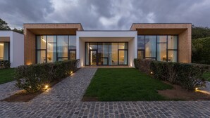 Uma casa moderna de dois andares, com entrada pavimentada e gramado bem cuidado.