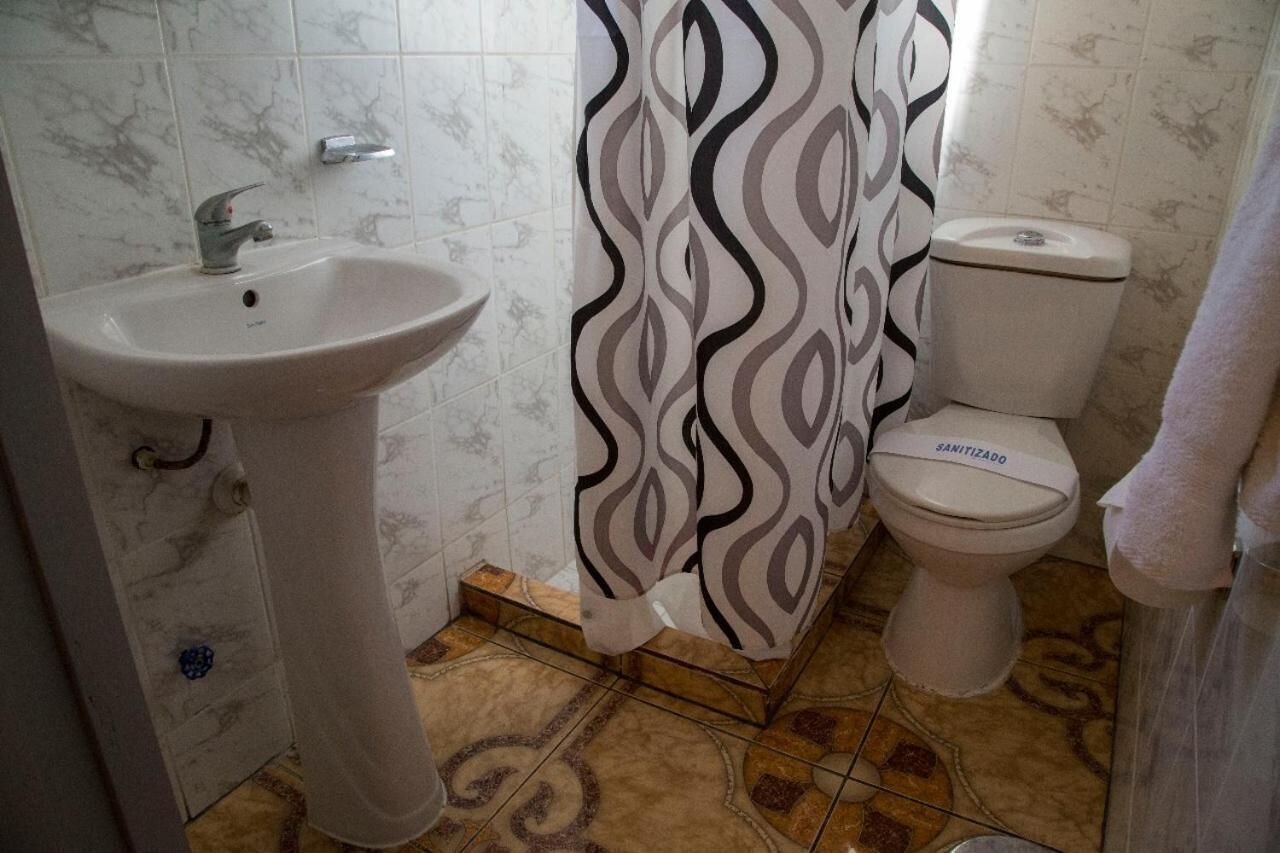 Casa de banho com lavatório assentado, sanita e cortina de chuveiro estampada.