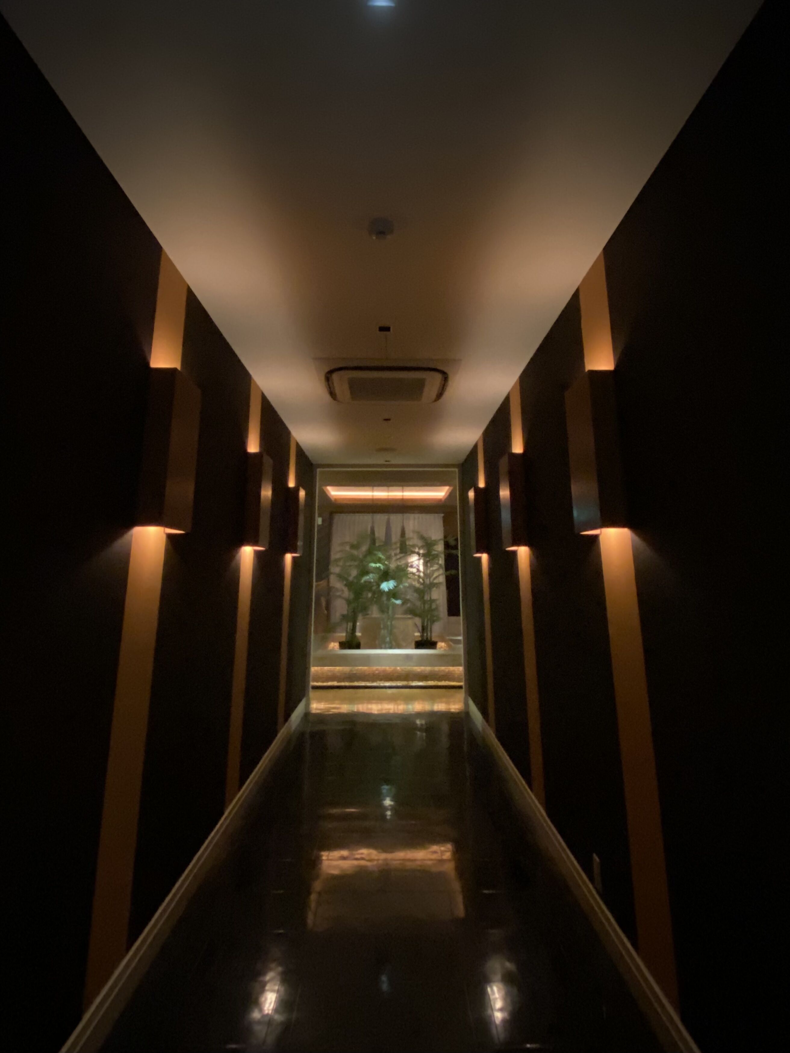 Um corredor com piso espelhado, paredes com fitas de luz verticais e teto com luminária central.