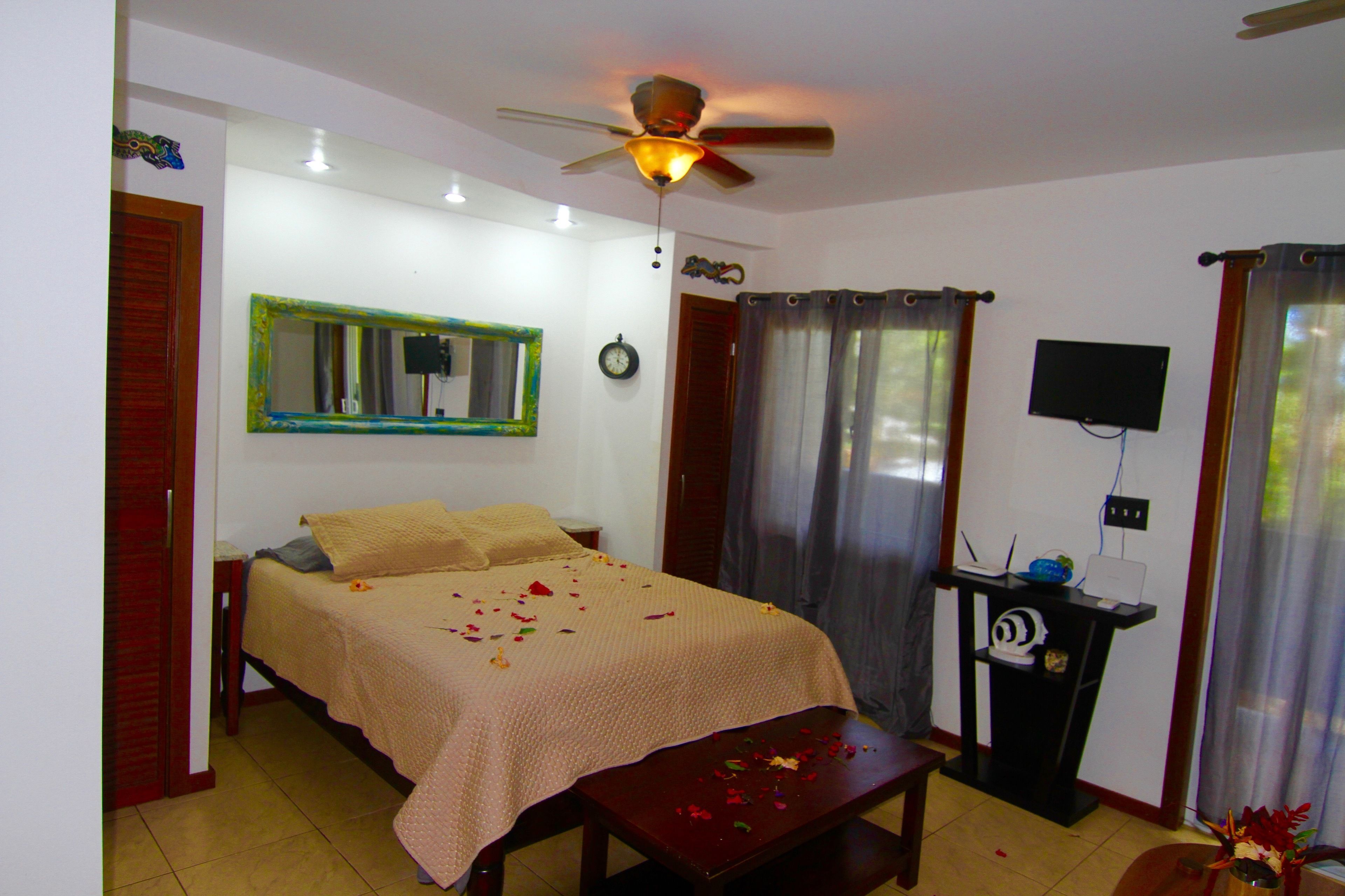 Quarto com cama, ventilador de teto, mesa de cabeceira, televisão e cortinas.