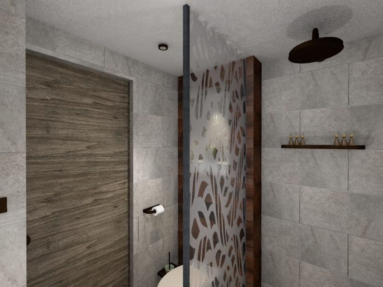 Um banheiro moderno com porta de madeira, chuveiro com porta de vidro de padrão único e prateleira com artigos de higiene pessoal.
