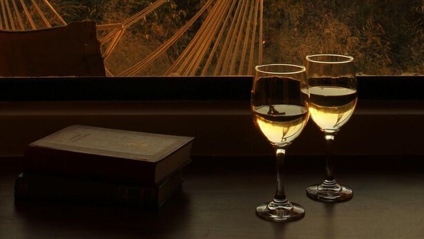 Uma rede com vista para uma paisagem desértica, dois copos de vinho branco e um livro sobre uma mesa.