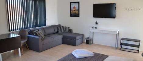 Quarto moderno e bem iluminado, com um sofá cinzento, uma cama, uma escrivaninha e uma televisão na parede.