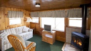 Interior acolhedor de uma cabana com piso de madeira, um sofá, uma poltrona, uma televisão sobre um suporte de madeira e uma lareira.