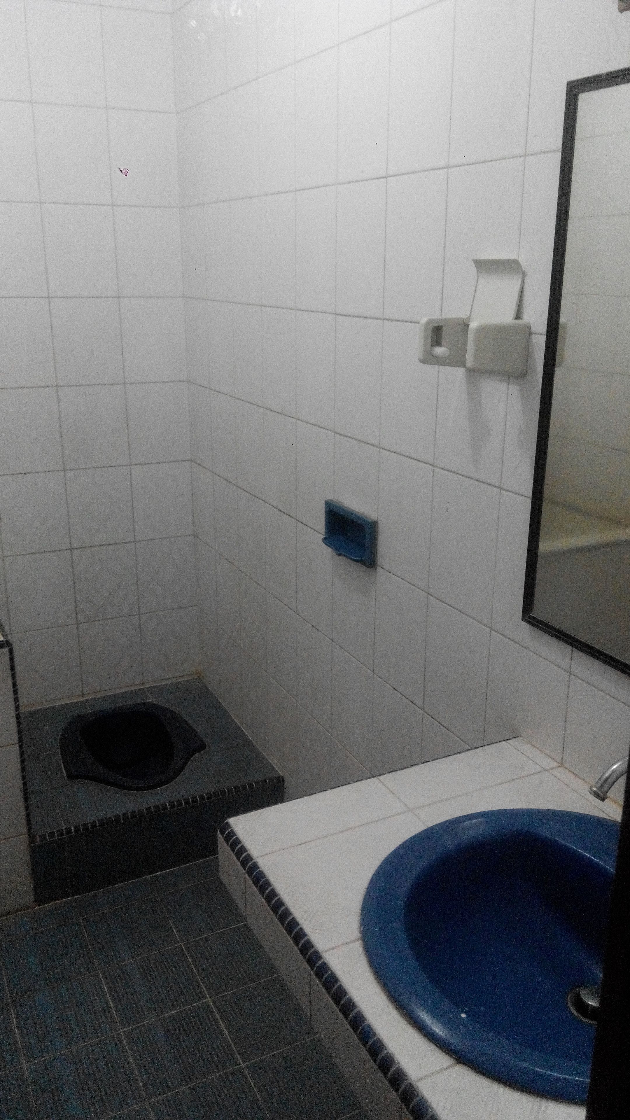 Uma casa de banho pequena com lavatório azul, sanita e espelho.