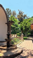 Um caminho no jardim com uma fonte, um muro de tijolos e vegetação exuberante.