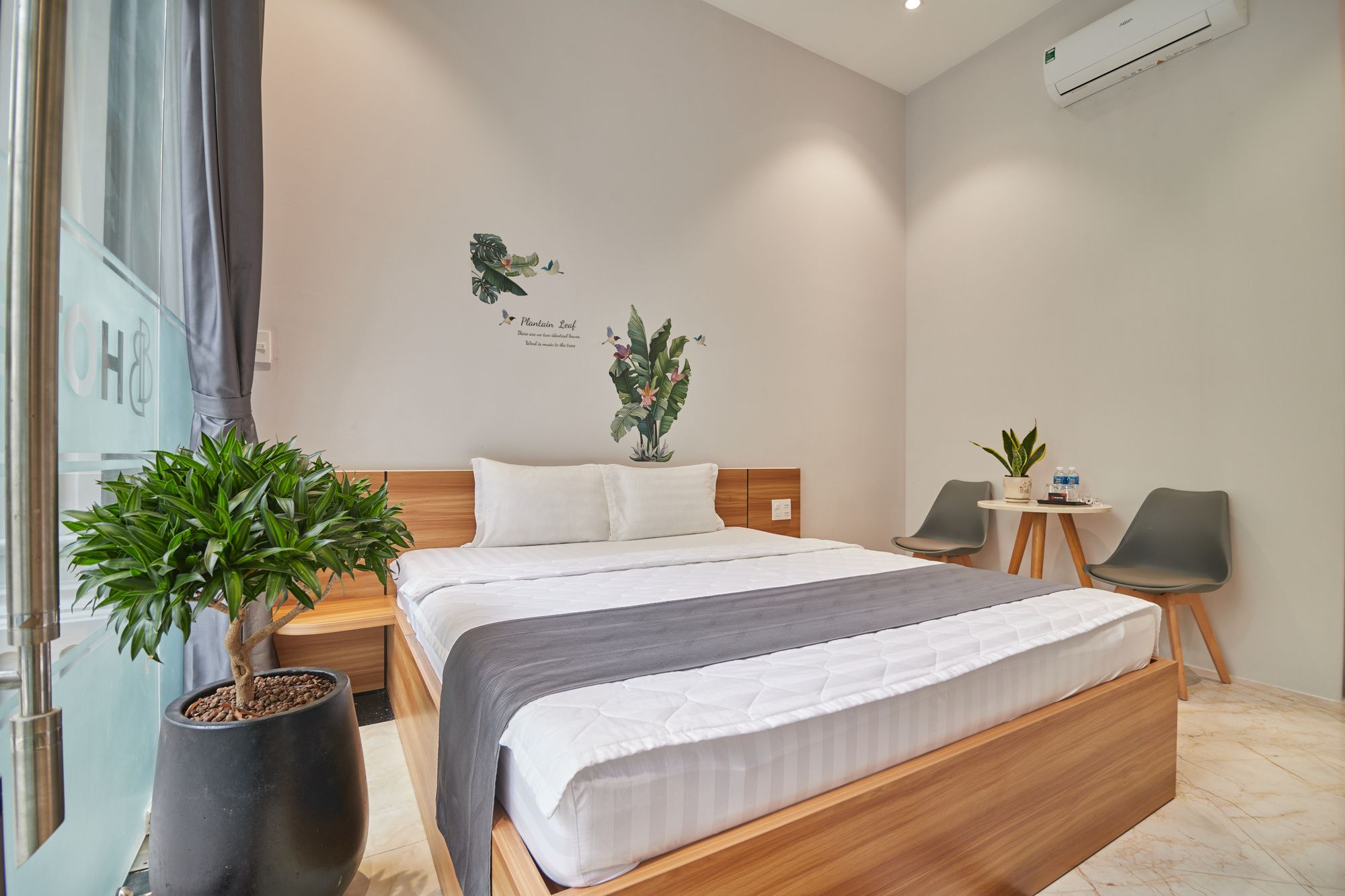 Quarto de hotel com cama, duas cadeiras, uma mesinha e um vaso de planta.