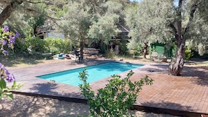 Piscina rodeada por um deck de madeira, árvores e um jardim.