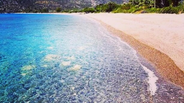 Uma praia com águas azul-claras e uma faixa de areia.