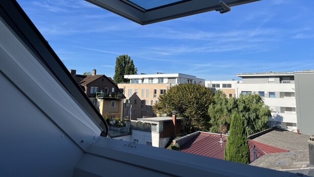 Vista pela janela com claraboia, mostrando uma área residencial com diversos edifícios e árvores.
