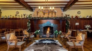 Um quarto acolhedor com lareira de pedra, cadeiras de madeira e um tapete de pele.