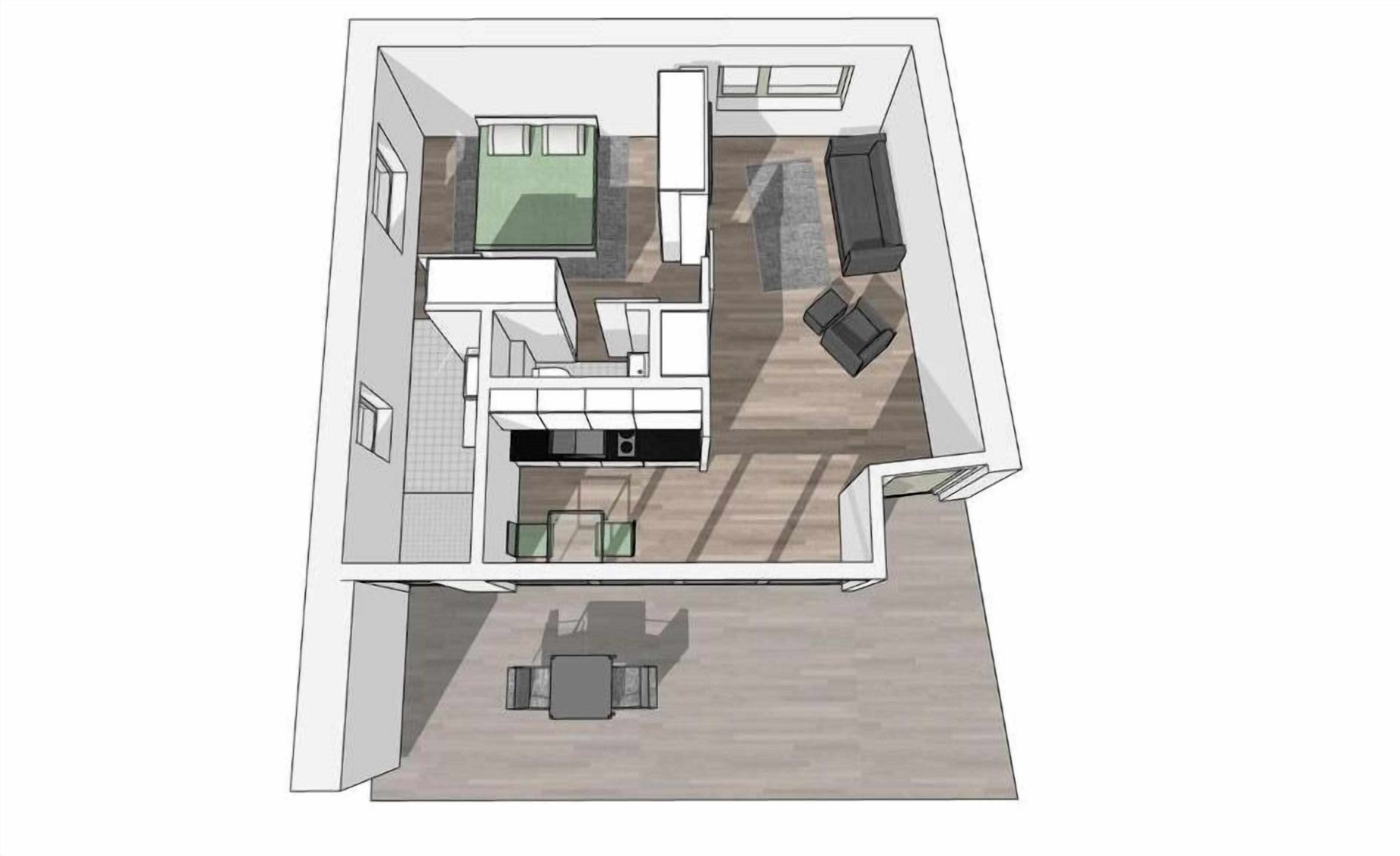 Planta baixa em 2D de um apartamento moderno com cozinha, sala de jantar e sala de estar.