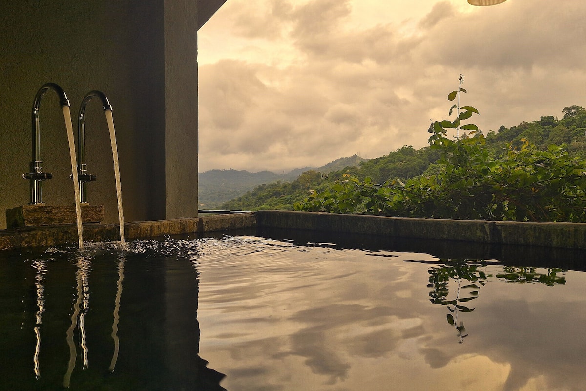 Piscina interior com vista para um céu nublado e vegetação.
