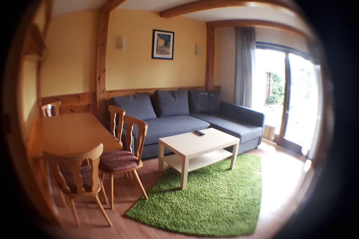 Uma sala de estar acolhedora com um sofá, uma mesa de centro e uma mesa de jantar com cadeiras.