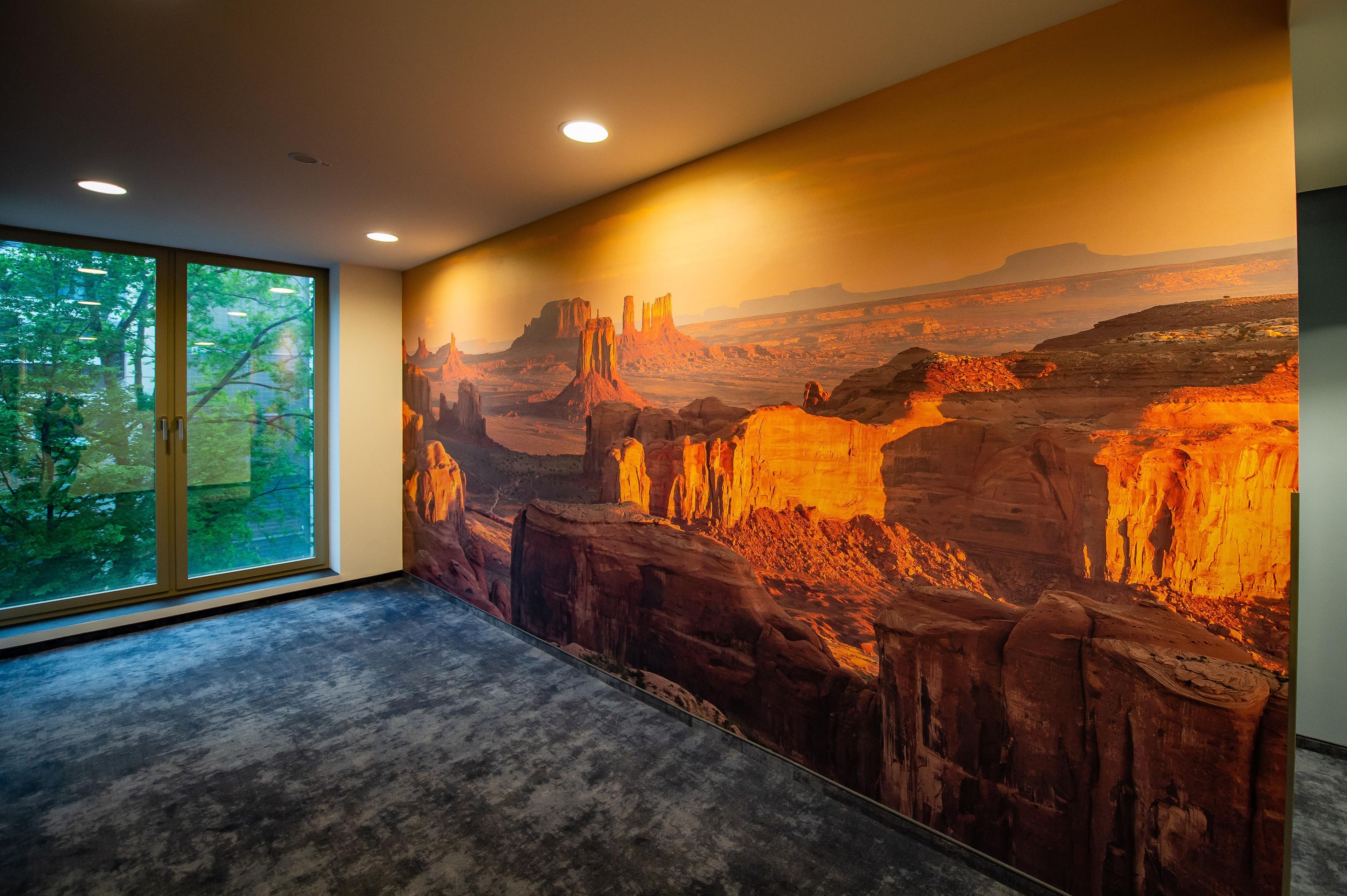 Quarto com uma grande janela, piso coberto por carpete e um mural na parede retratando uma paisagem de cânion.