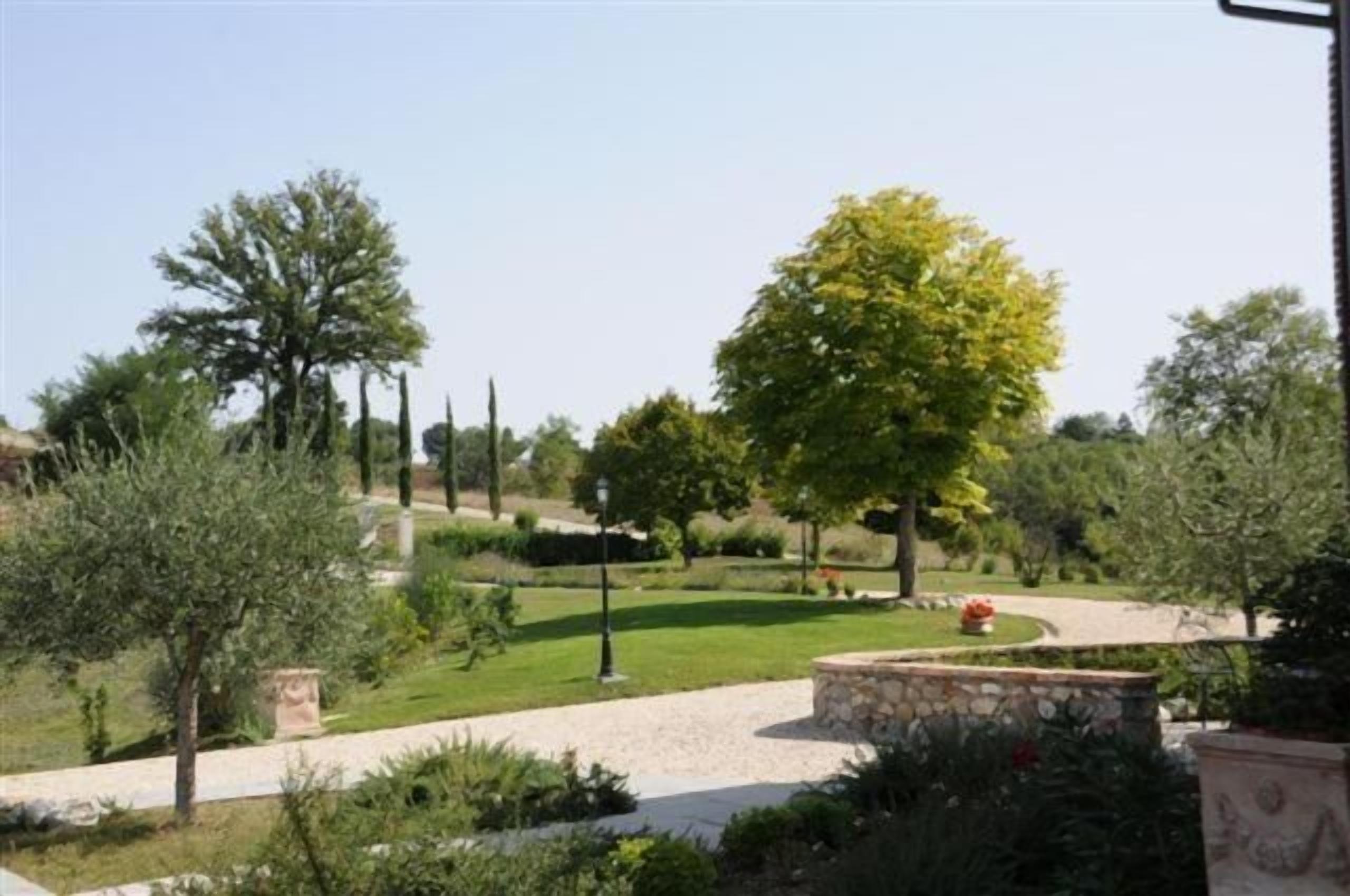 Um jardim bem cuidado com diversas árvores e um caminho de pedra.