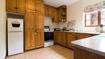 Cozinha com armários de madeira, geladeira branca, forno e janela com vista para árvores.