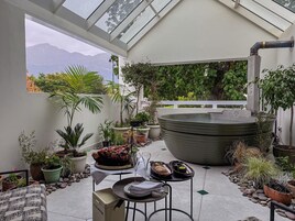 Um jardim no terraço com diversas plantas em vasos, um grande espelho d'água e uma área de refeições com mesa e cadeiras.
