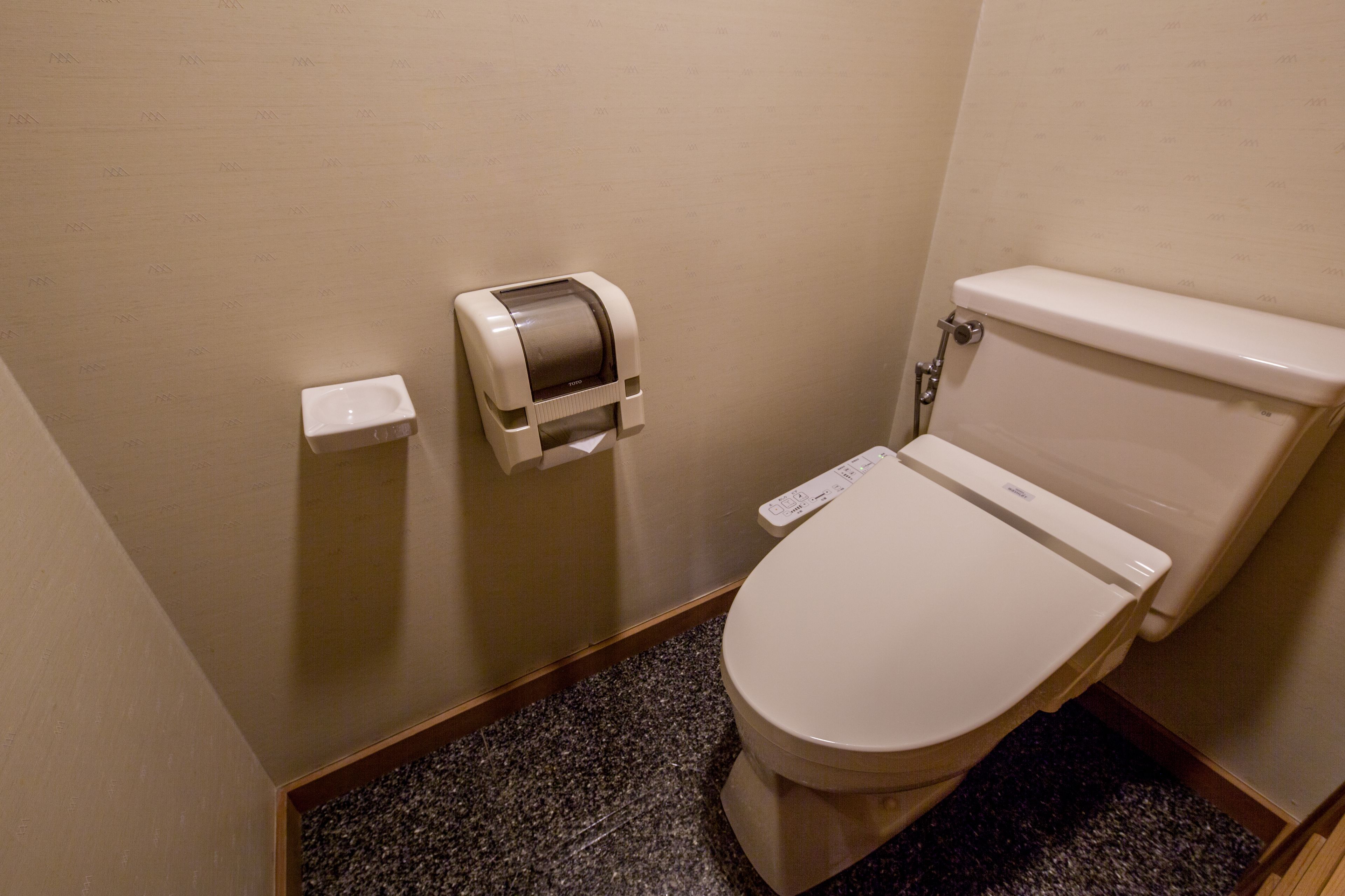Casa de banho pequena e compacta com sanita, dispensador de papel e botão de descarga na parede.
