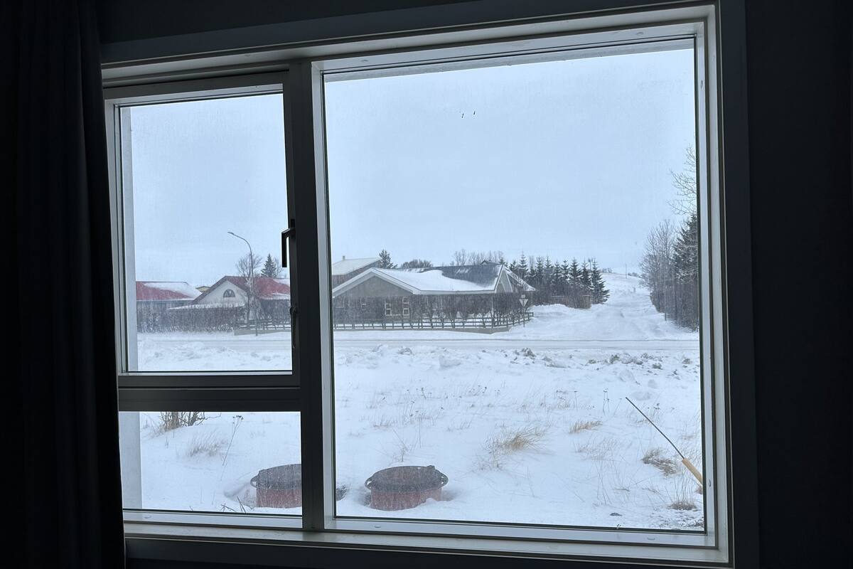 Uma janela com vista para uma paisagem nevada, incluindo uma casa e árvores.