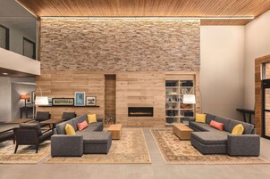 Uma sala de estar moderna com lareira, sofás e estante de livros.