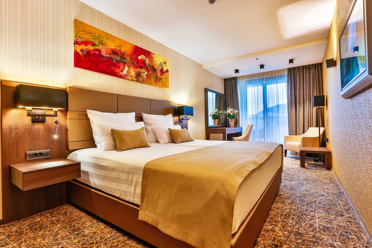 Quarto de hotel com uma cama grande, uma escrivaninha, uma cadeira, uma televisão e um quadro na parede.