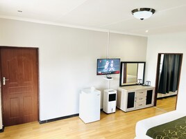 Quarto de hotel com porta de madeira, televisão fixada na parede, um pedestal branco, espelho, armário e cama com manta verde.
