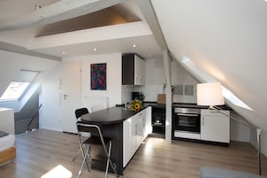 Estúdio, 1 cama de casal e sofá-cama | Cozinha privada | Geladeira, fogão, cooktop, lava-louças