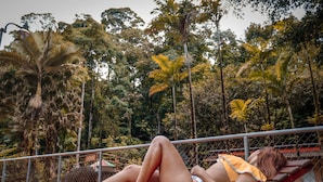 Uma pessoa deitada em um deck de madeira, com uma cerca de arame e palmeiras ao fundo.