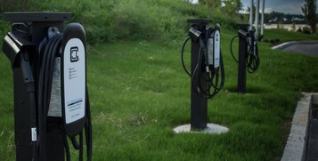 Estações de carregamento para veículos elétricos em área gramada.