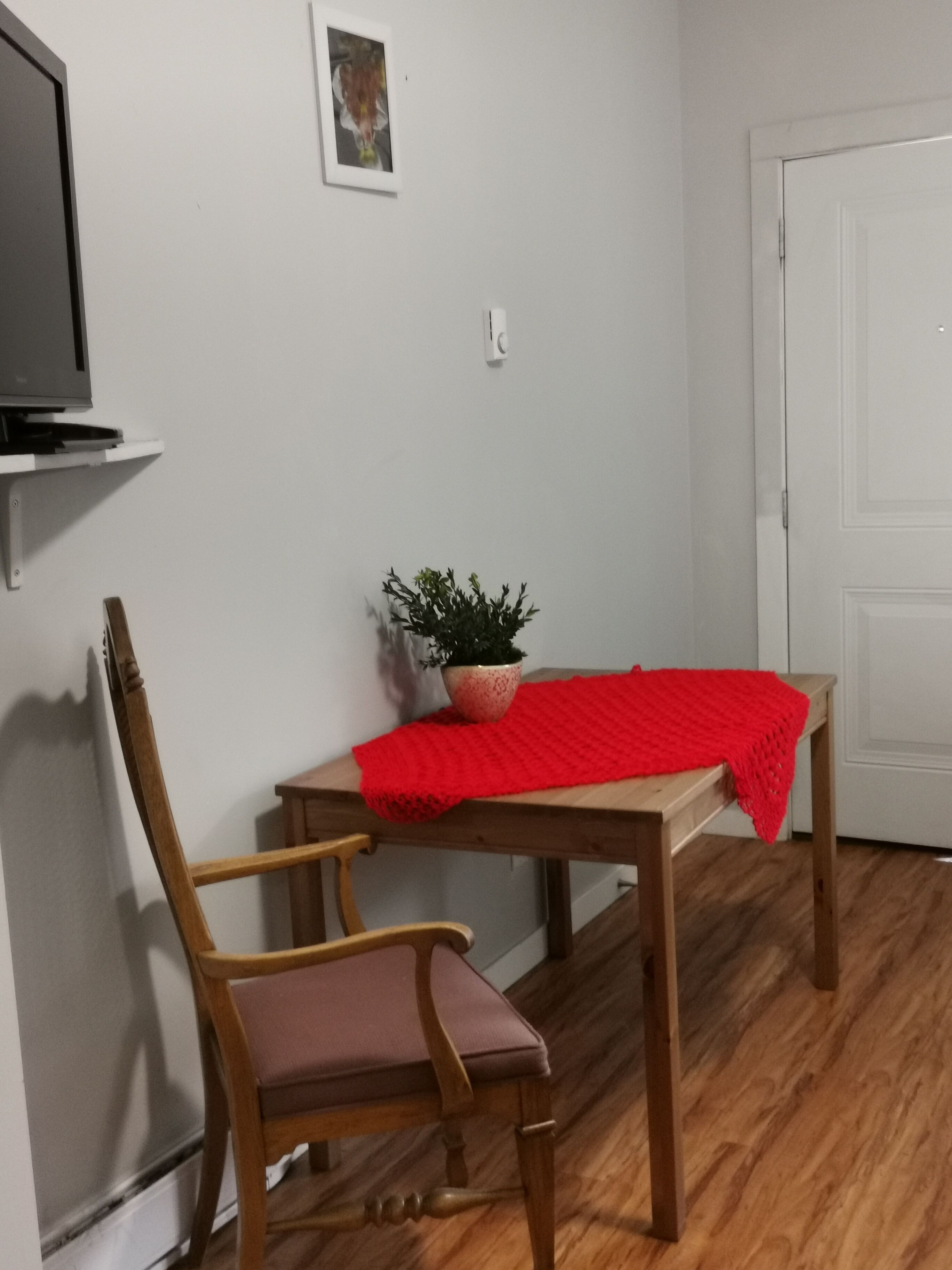 Quarto com cadeira de madeira, pequena mesa com um tecido vermelho, planta em vaso, televisão em uma estante e uma porta branca.
