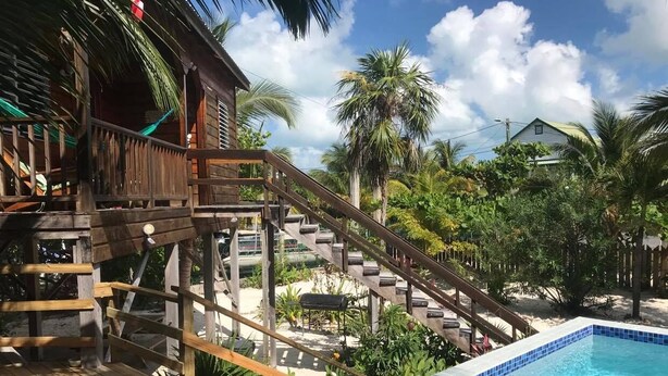 Um deck de madeira com piscina, palmeiras e uma escadaria que leva a um edifício.