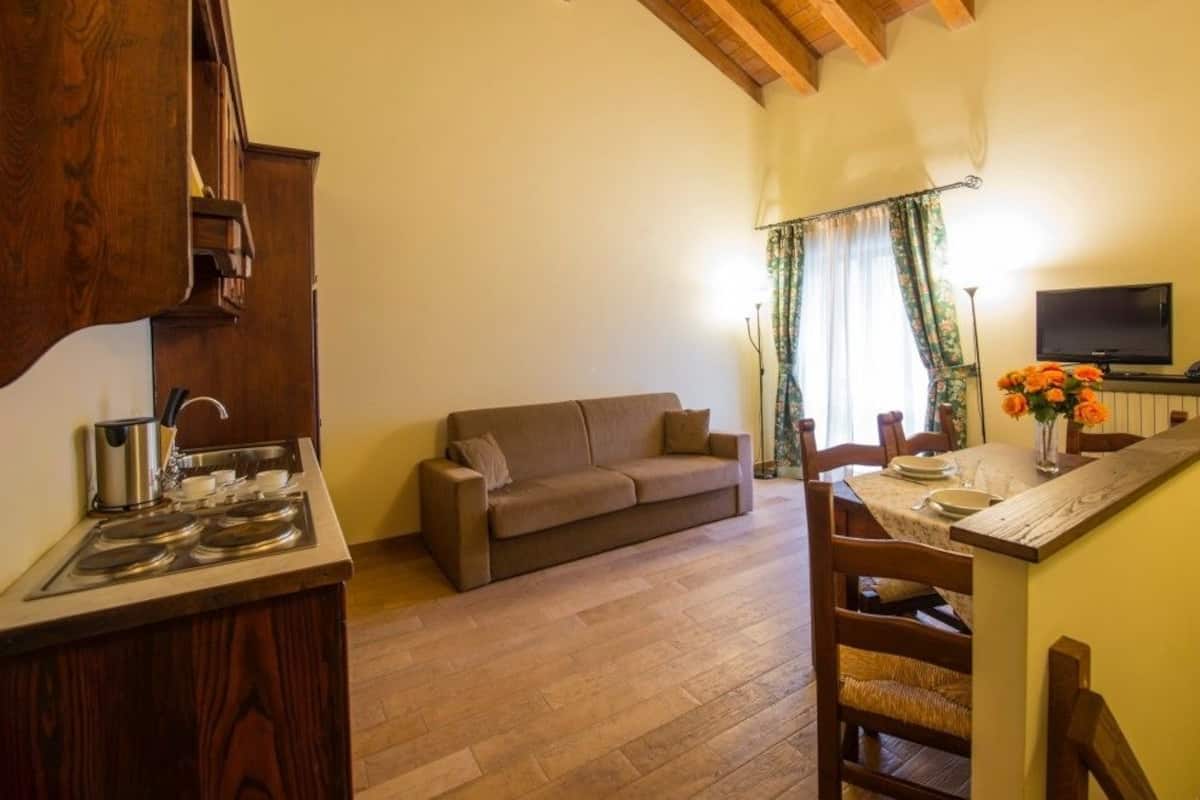 Apartamento, 1 quarto, varanda, vista para a montanha | Sala | TV de ecrã plano