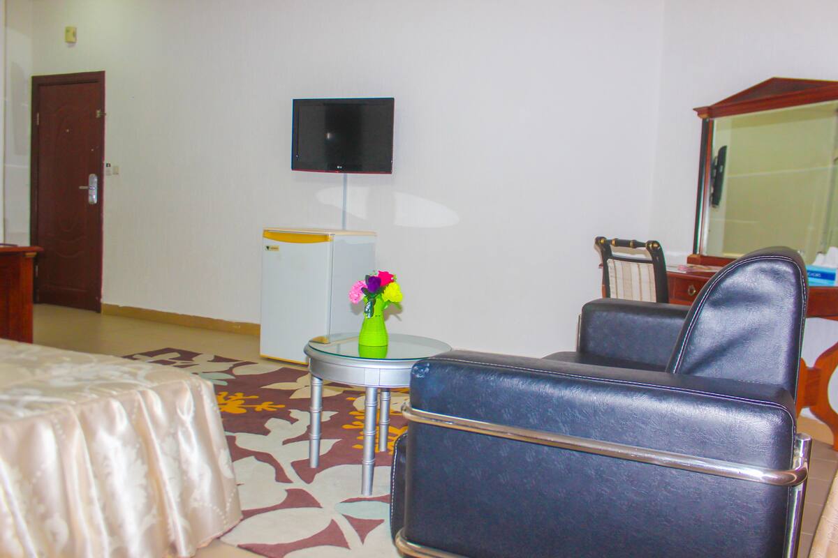 Quarto de hotel com cama, cadeira, mesa pequena com um vaso, televisão na parede e espelho.