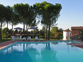 Piscina com espreguiçadeiras e guarda-sóis, cercada por árvores e um edifício.
