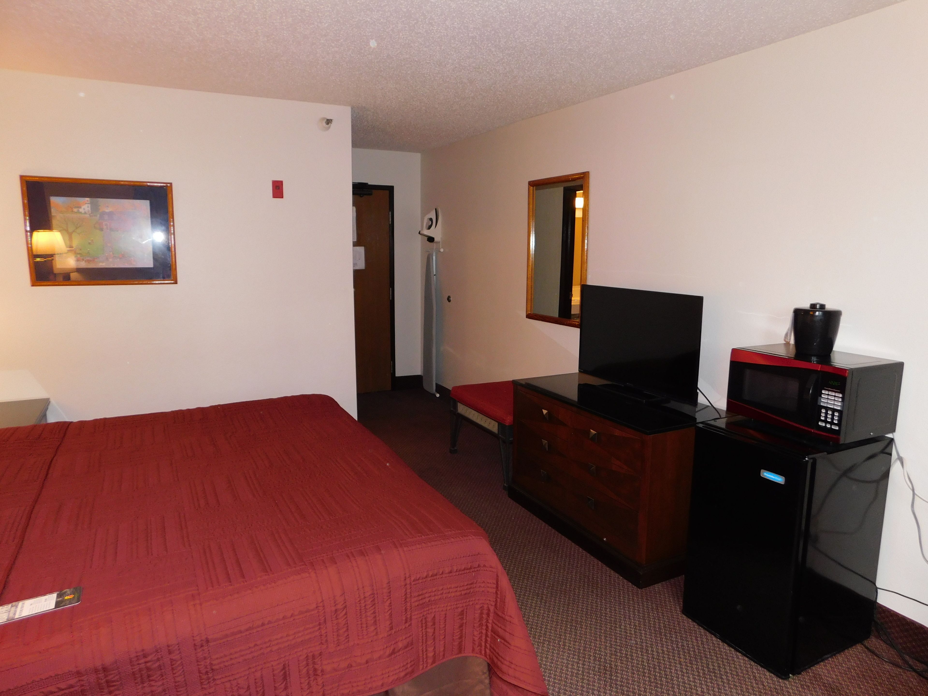Quarto de hotel com cama, televisão, micro-ondas e cómoda.
