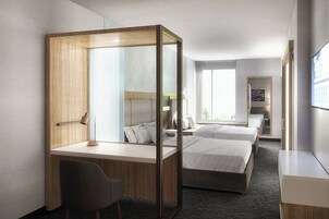 Escrivaninha, espaço de trabalho para notebook, cortinas blackout