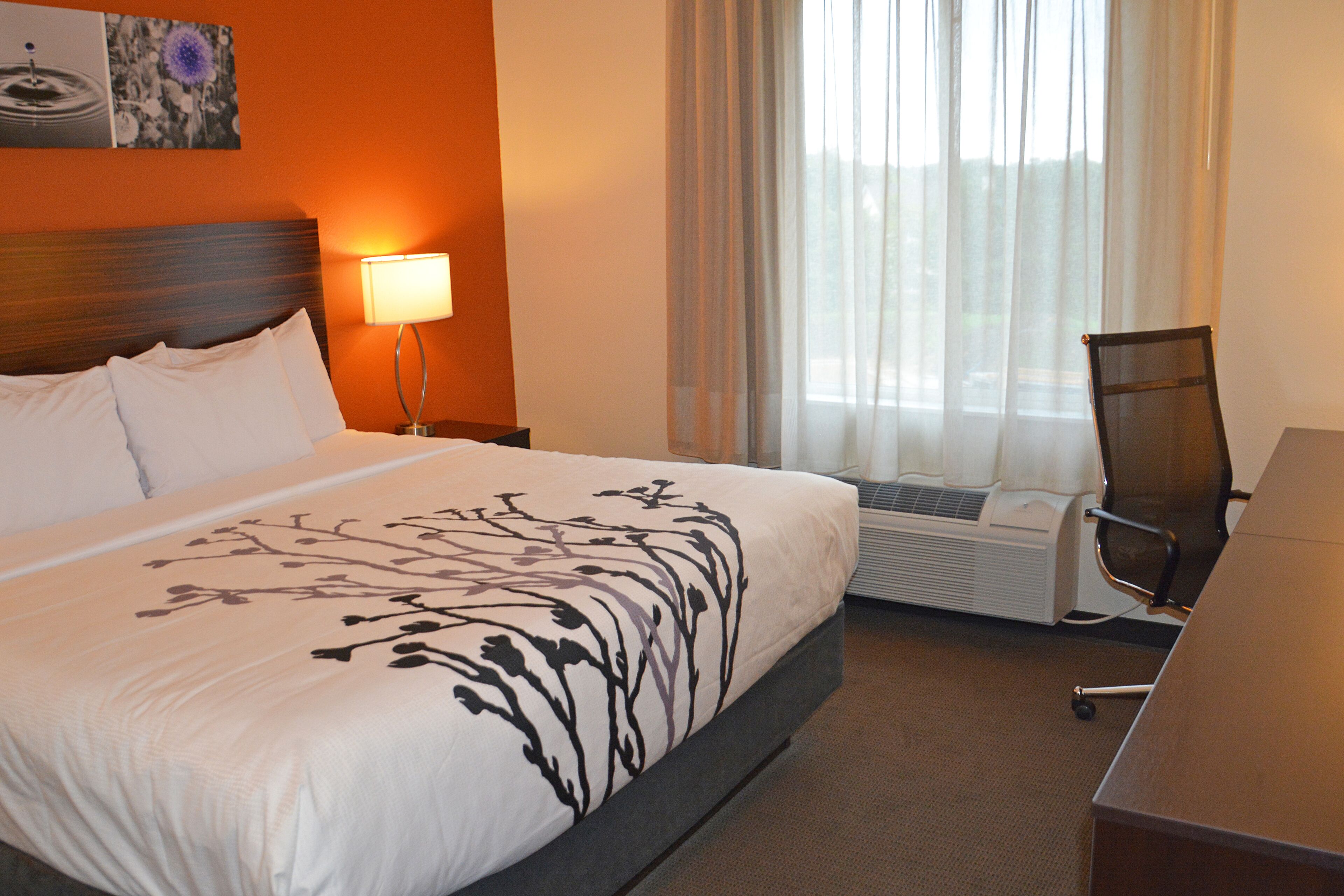 Quarto de hotel com uma cama grande, uma escrivaninha, uma cadeira, uma luminária e uma janela com cortinas.