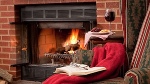 Um espaço de estar acolhedor com lareira, um cobertor, um prato de uvas e uma taça de vinho tinto.