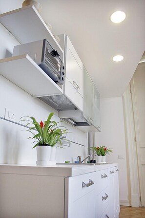 Apartamento (Penelope) | Cozinha privada | Geladeira grande, cooktop, cafeteira/chaleira