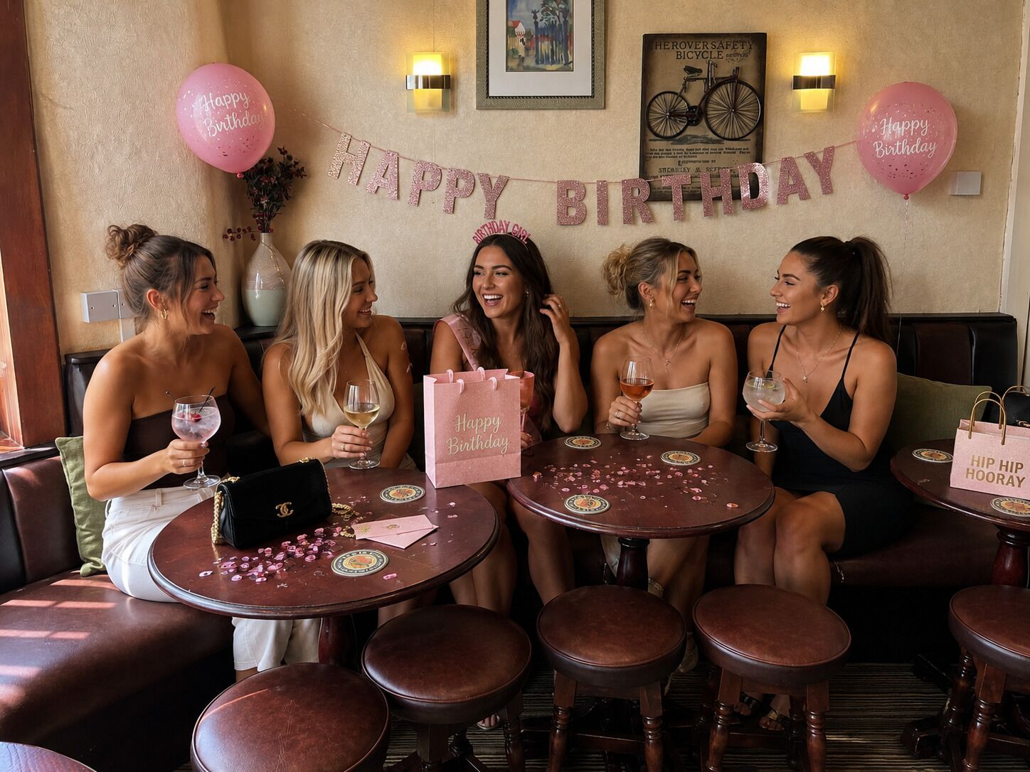 Um grupo de mulheres sentadas em mesas redondas num restaurante, com uma faixa de 'Feliz Aniversário' e balões.